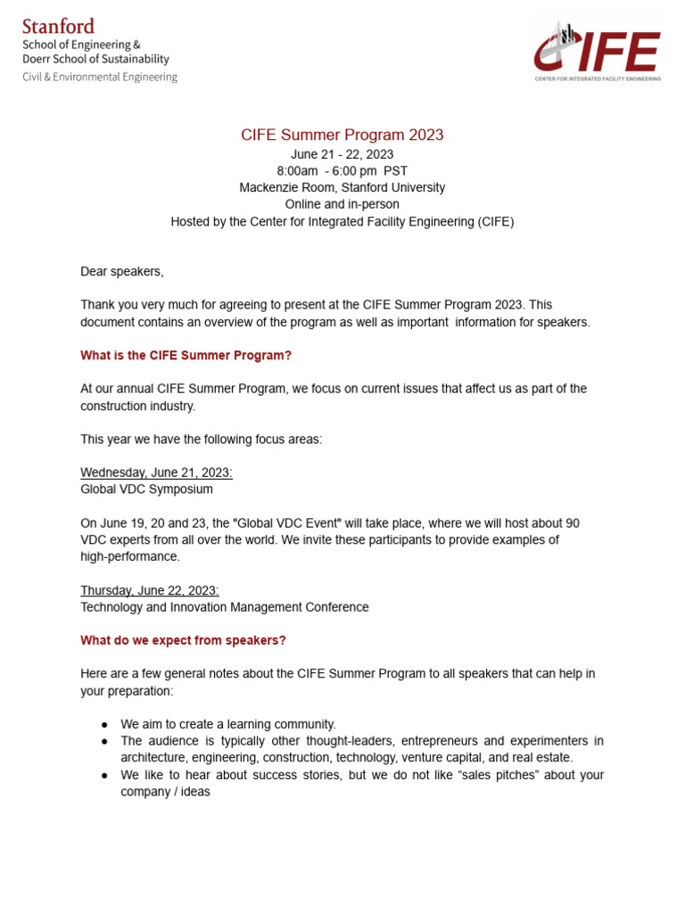 Invitation CIFE Summer Program - Speakers - Updated - v2 | PDF