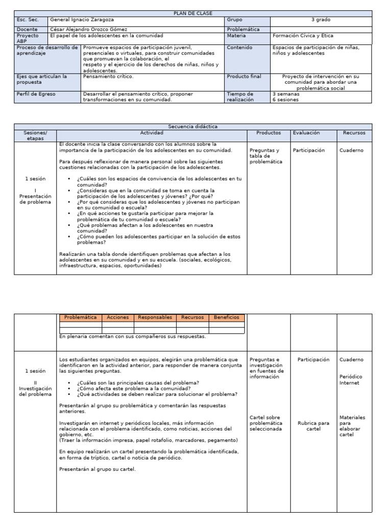 plan de clase 3 grado participacion | PDF