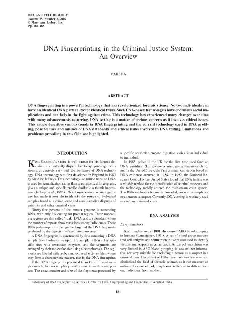 Dna Fingerprinting in The Criminal Justice System An Overview 2006 | PDF