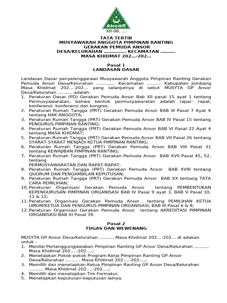 Draf - Tata Tertib Musyawarah Anggota - PR GP Ansor | PDF