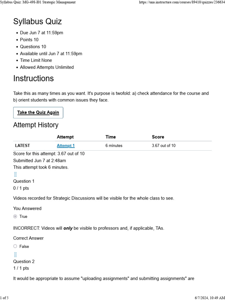 Syllabus Quiz MG-498-I01 Strategic Management | PDF