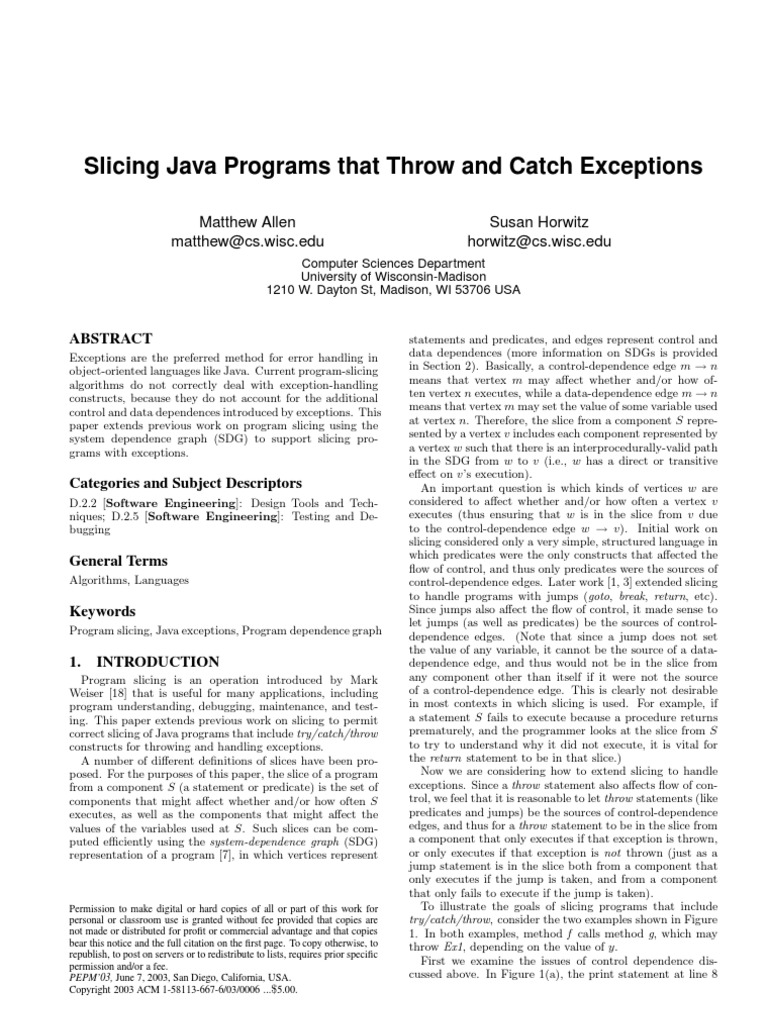 Slicing Java Programs That Throw and Catch Exceptions | PDF | Control ...
