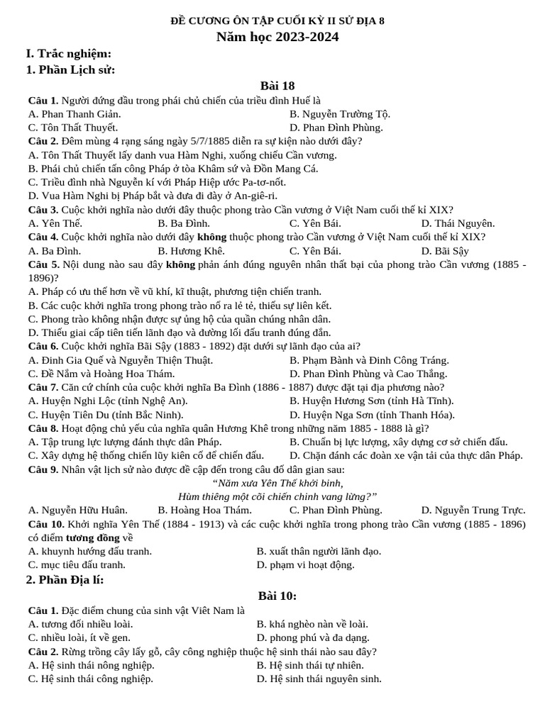 Đề Cương Sử Địa 8 HK2 | PDF