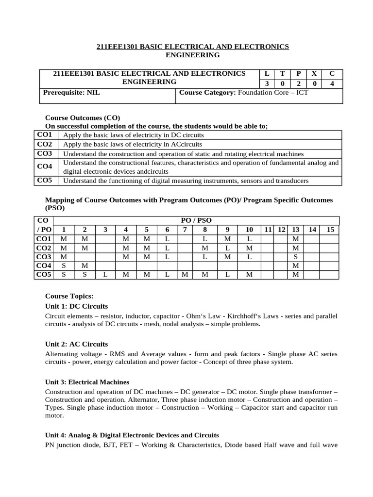 211eee1301 Basic Electrical and Electronics Engineering | PDF