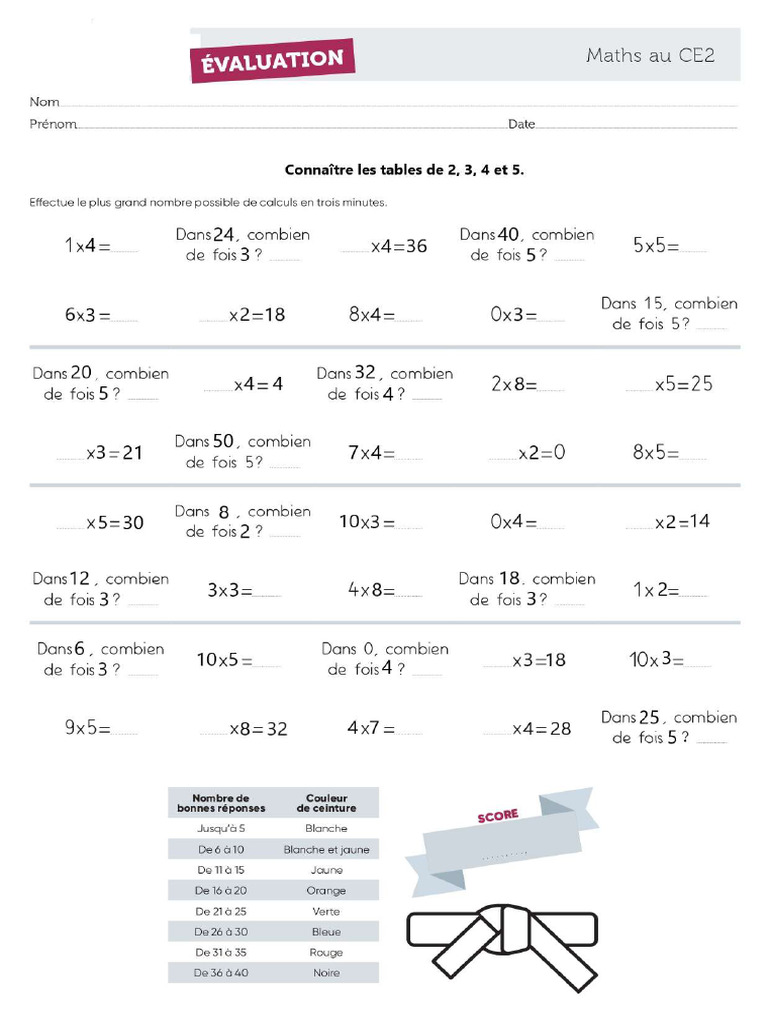 Ceintures Tables de 2, 3, 4 Et 5 | PDF