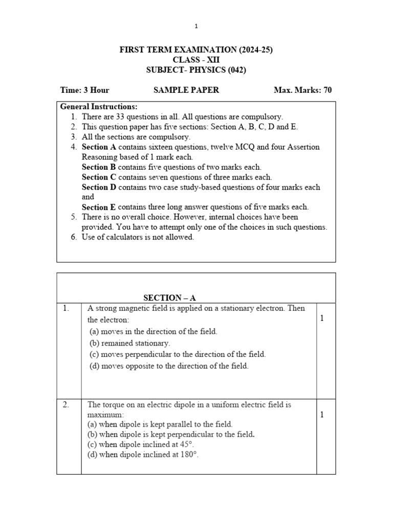 PHYSICS_TERM 1_SAMPLE PAPER | PDF