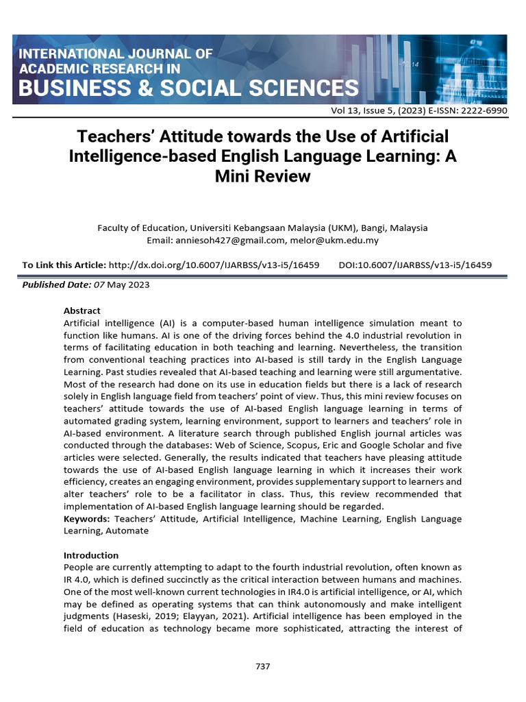 Teachers Attitude Towards The Use of Artificial Intelligence Based English Language Learning A ...