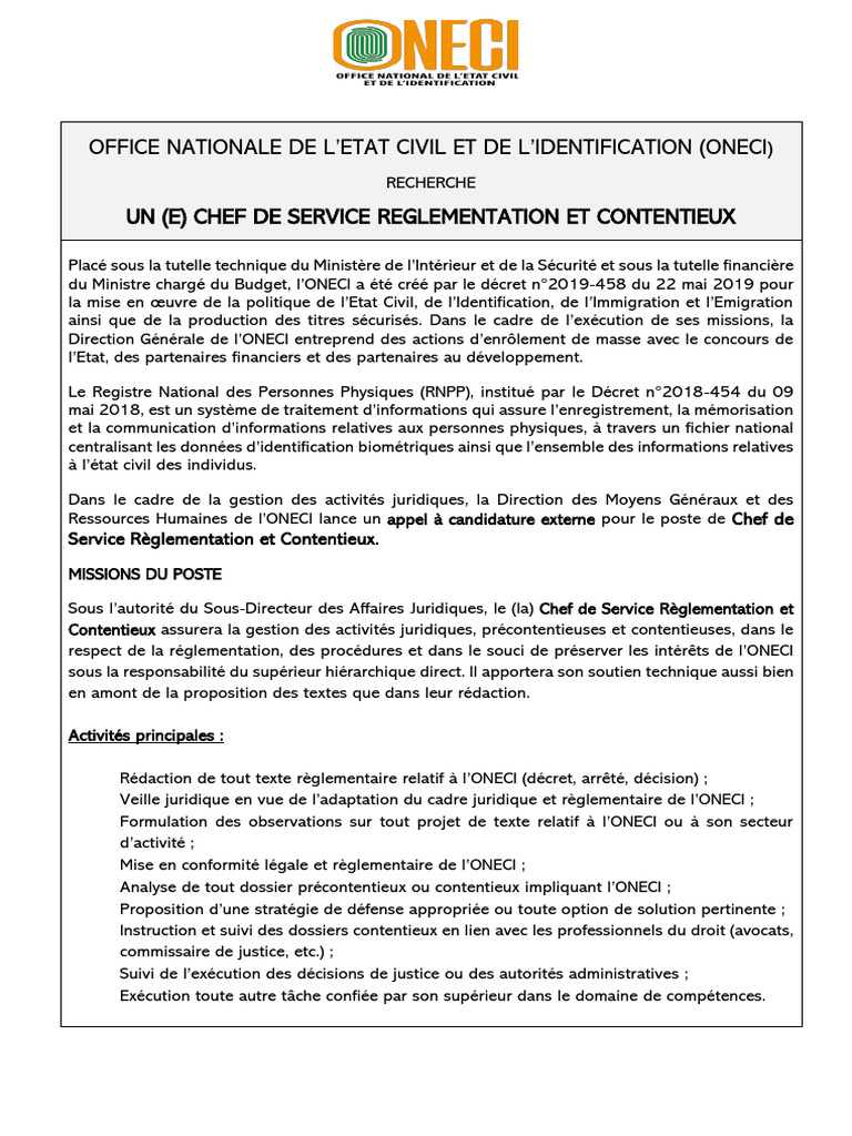 Un (E) Chef de Service Reglementation Et Contentieux: Office Nationale ...