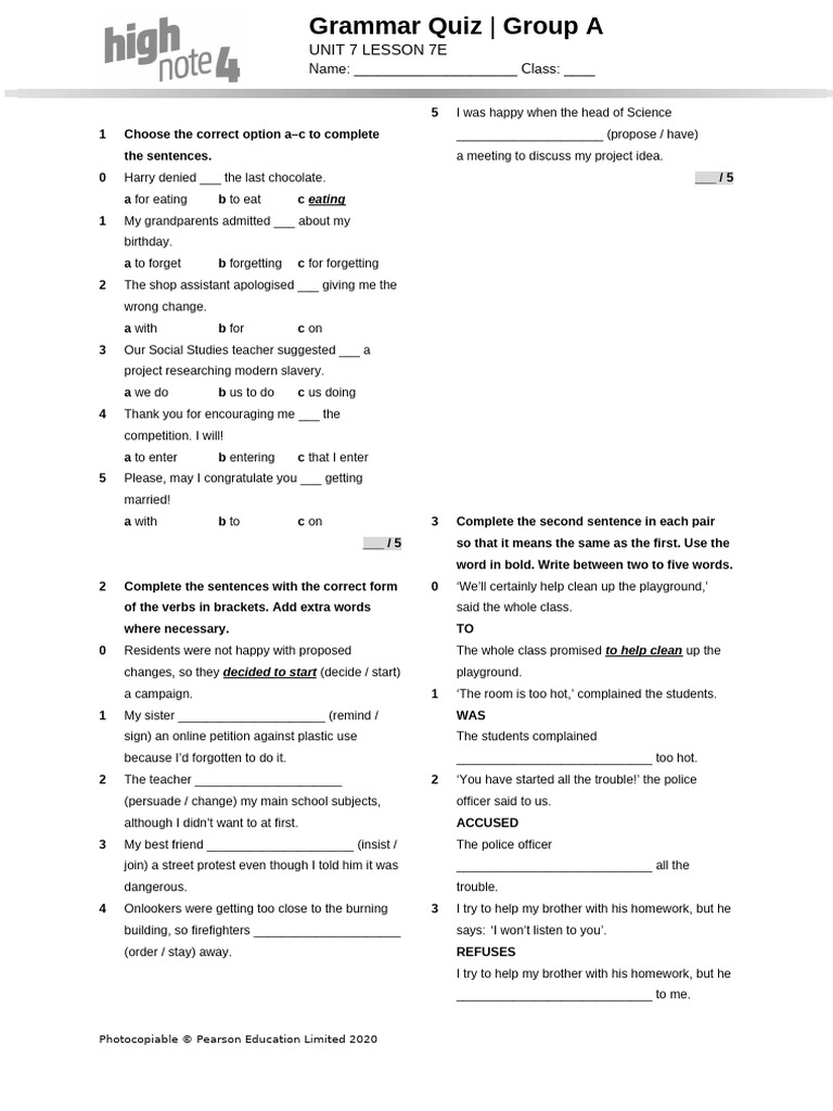 HighNote4 Grammar Quiz Unit07E GroupA | PDF | Syntax | Grammar