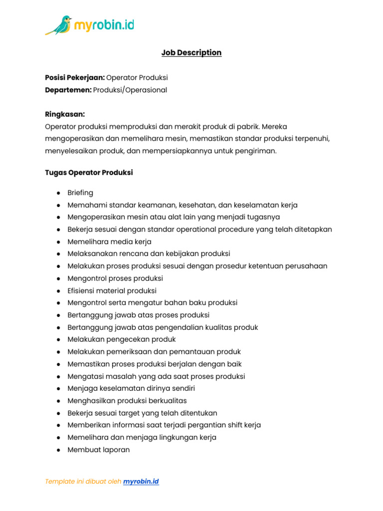 Template Job Description Operator Produksi | PDF