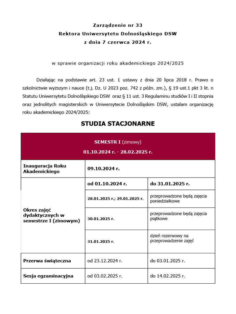 Organizacja Roku Akademickiego 2024 - 2025 | PDF
