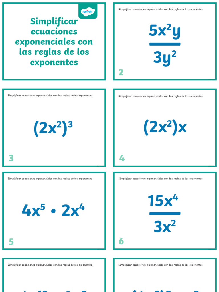 Tarjetas Simplificar Ecuaciones Exponenciales Con Las Reglas de Los ...