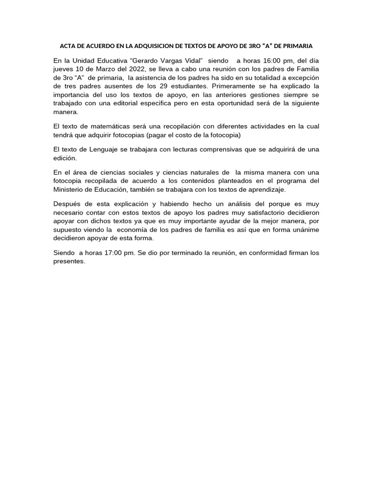 Acta de Acuerdo en La Adquisicion de Textos de Apoyo de 3ro | PDF