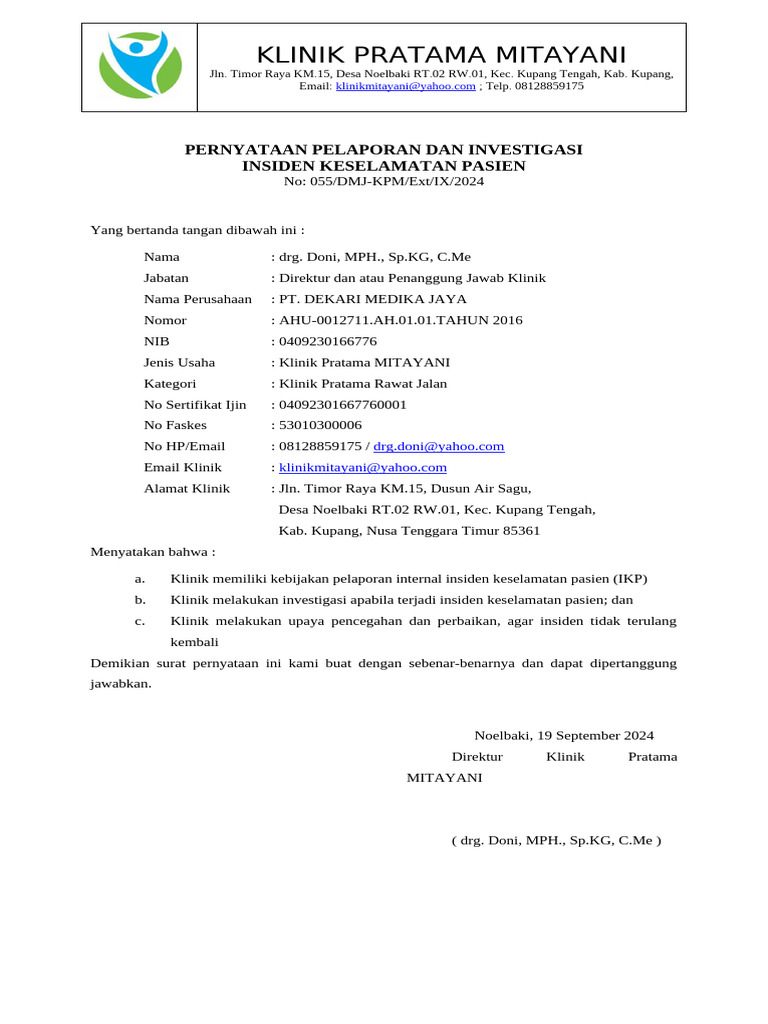 Surat Pernyataan IKP Klinik Pratama MITAYANI Blank | PDF