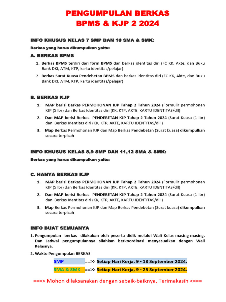 Petunjuk Pengumpulan Berkas Bpms & KJP 22024 | PDF