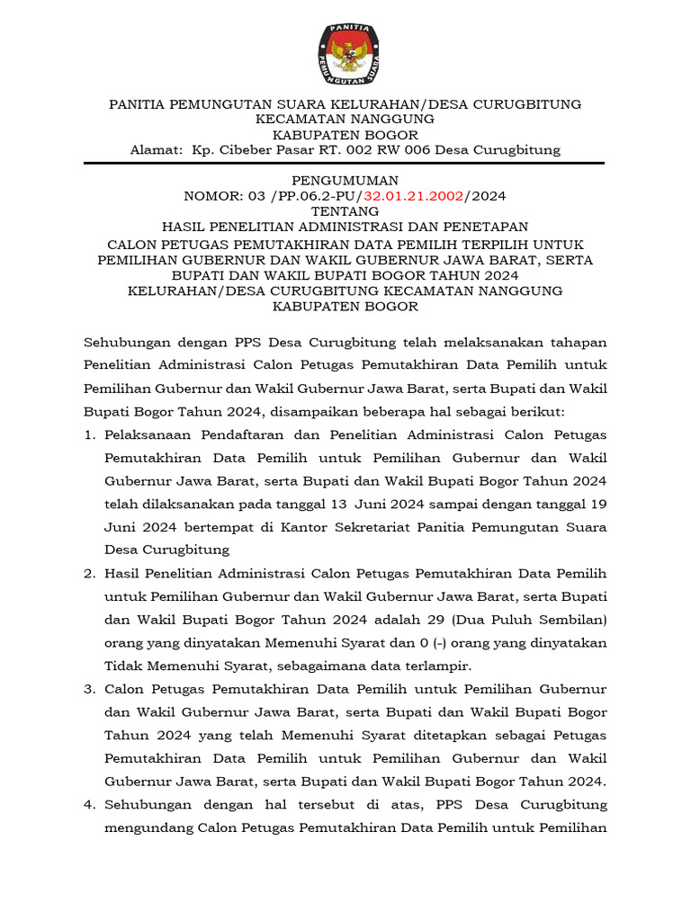 Pengumuman Penetapan Pantarlih | PDF