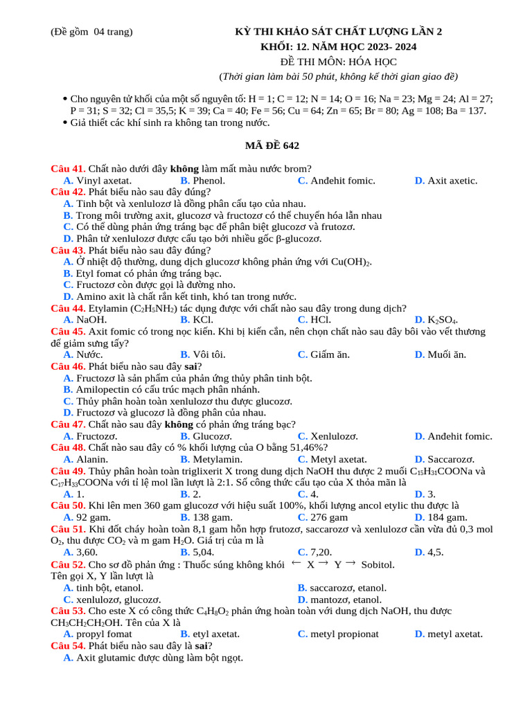 De KSCL 2024 Hoa THPT Doi Can Vinh Phuc Lan 2 | PDF