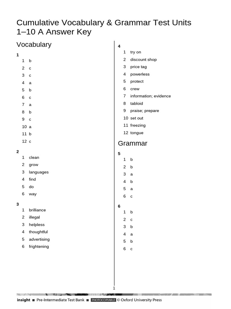 Cumulative Vocabulary + Grammar Units 1–10 A Answer Key | PDF
