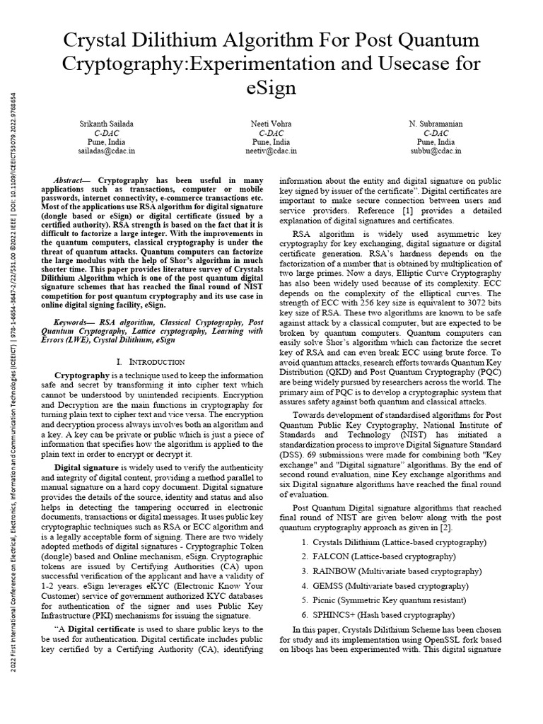 Crystal Dilithium Algorithm For Post Quantum CryptographyExperimentation and Usecase For Esign | PDF
