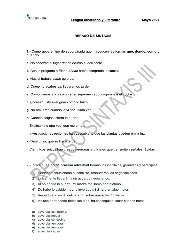 REPASO DE SINTAXIS III 1º Bach. MAYO 2024 | PDF