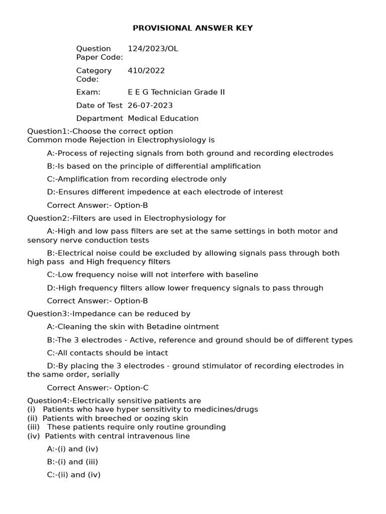 EEG Technician Exam Answer Key 2023 | PDF | Electroencephalography ...