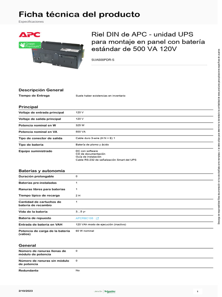 Especificaciones SUA500PDR-S UPS | PDF