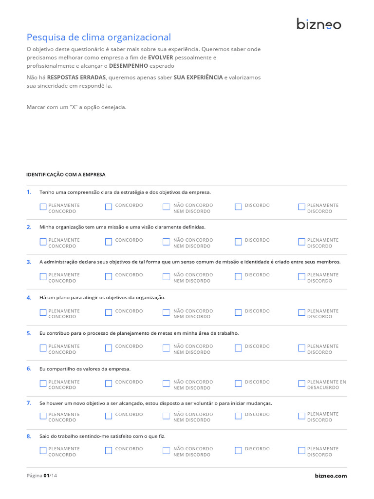 Questionario Clima Organizacional Modelo | PDF