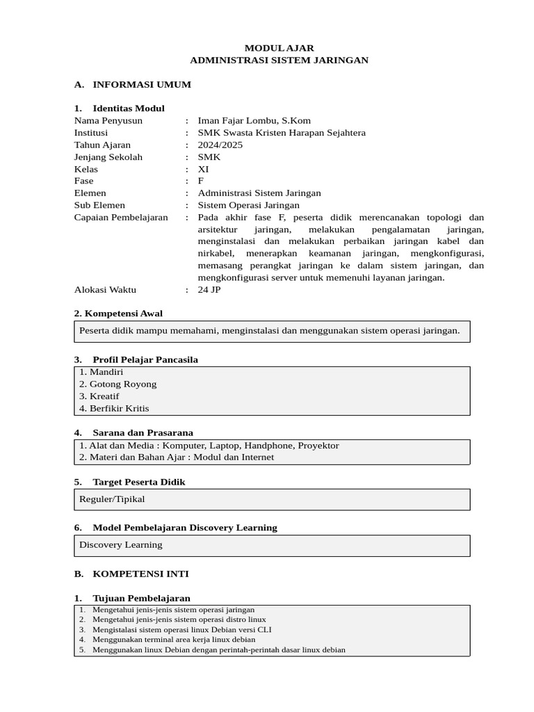 MODUL AJAR - Sistem Operasi Jaringan | PDF