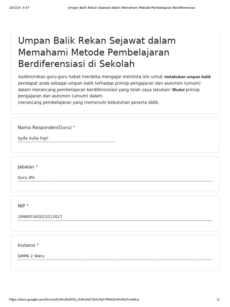UMPAN BALIK REKAN SEJAWAT MEMAHAMI PEMBELAJARAN BERDIFERENSIASI - Google Forms | PDF