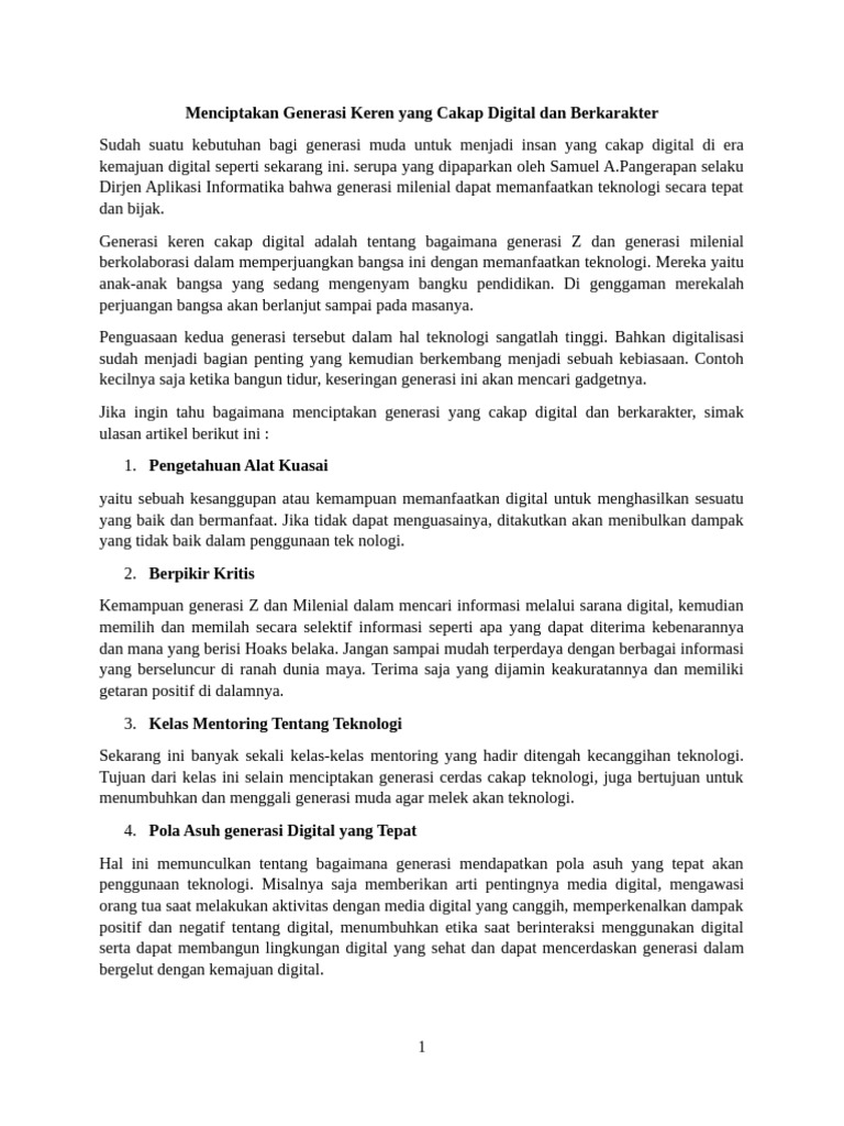 Menciptakan Generasi Keren Yang Cakap Digital Dan Berkarakter | PDF