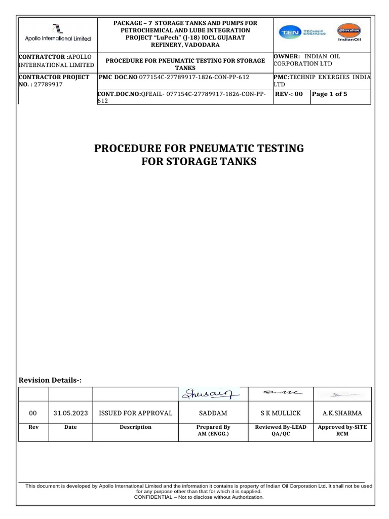 Procedure for Pneumatic testing for Storage Tanks | PDF