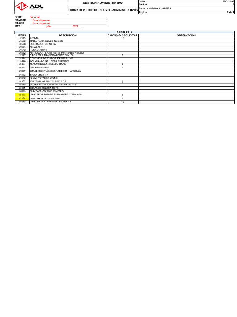 Formato Pedido de Insumos Administrativos | PDF
