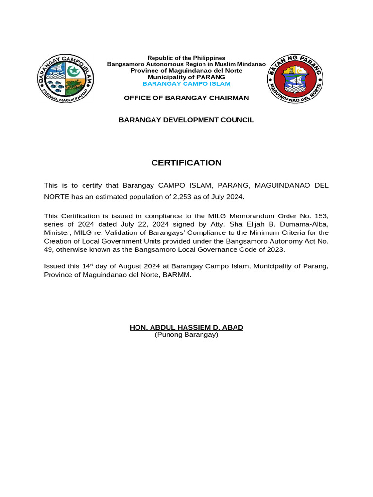 Certification 20on 20the 20estimated 20population 20for 202024 BDC | PDF