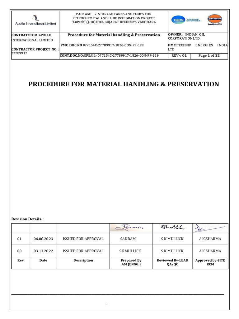 Procedure for Material Handling & Presrvation Rev 1 | PDF
