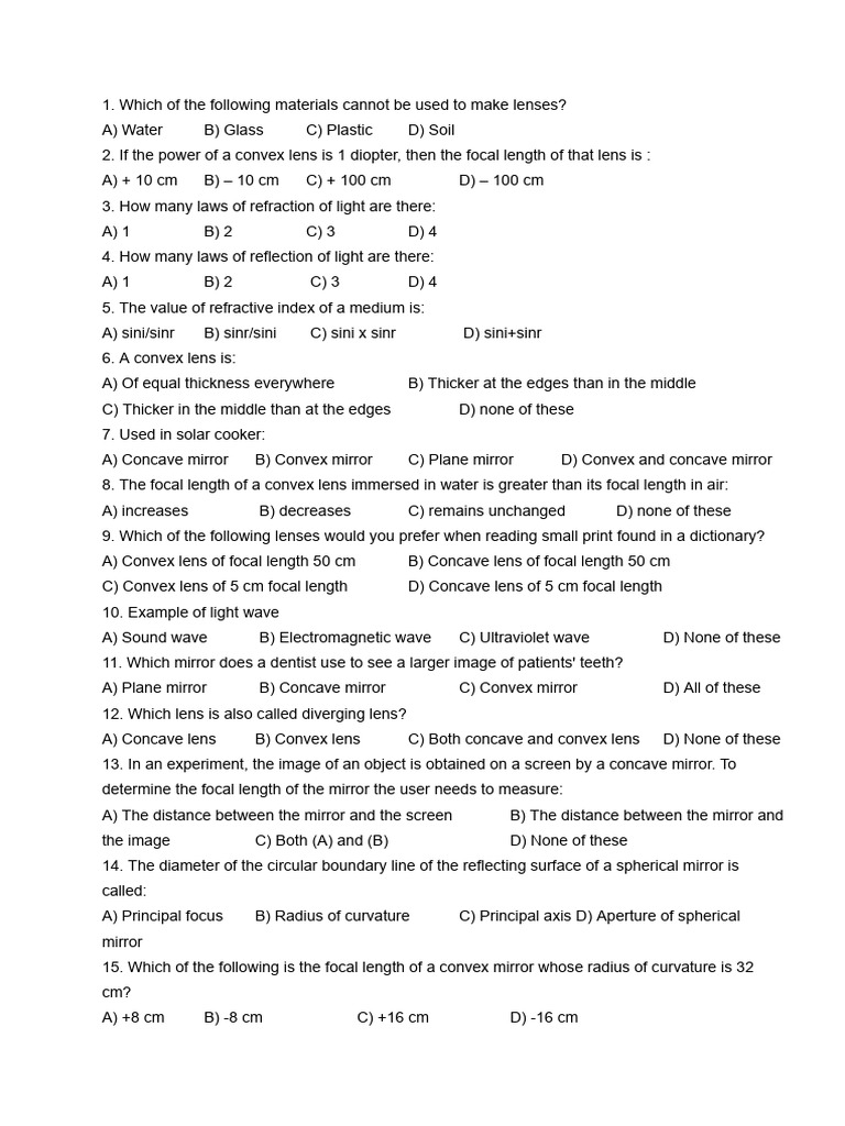 Light Refraction and Lens Quiz | PDF | Mirror | Optics