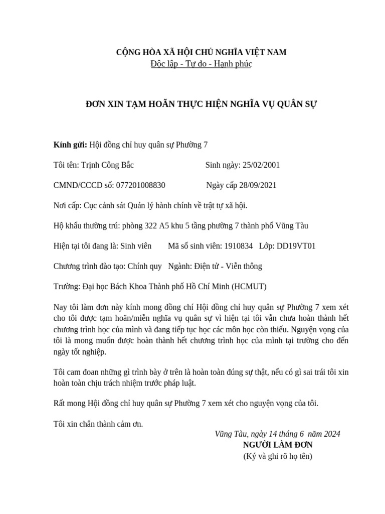 Mau Don Xin Hoan Mien Nghia Vu Quan Su TVPL | PDF