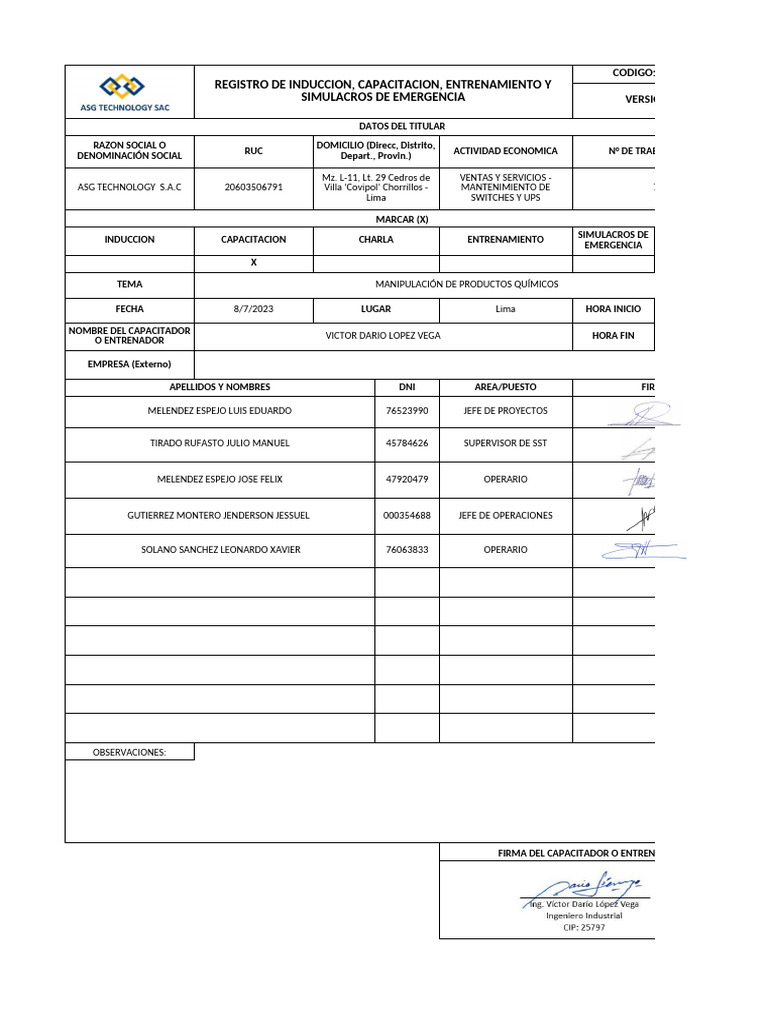 Registro de Inducción, Capacitación, Entrenamiento y Simulacros de Emergencia - Asg Technology ...