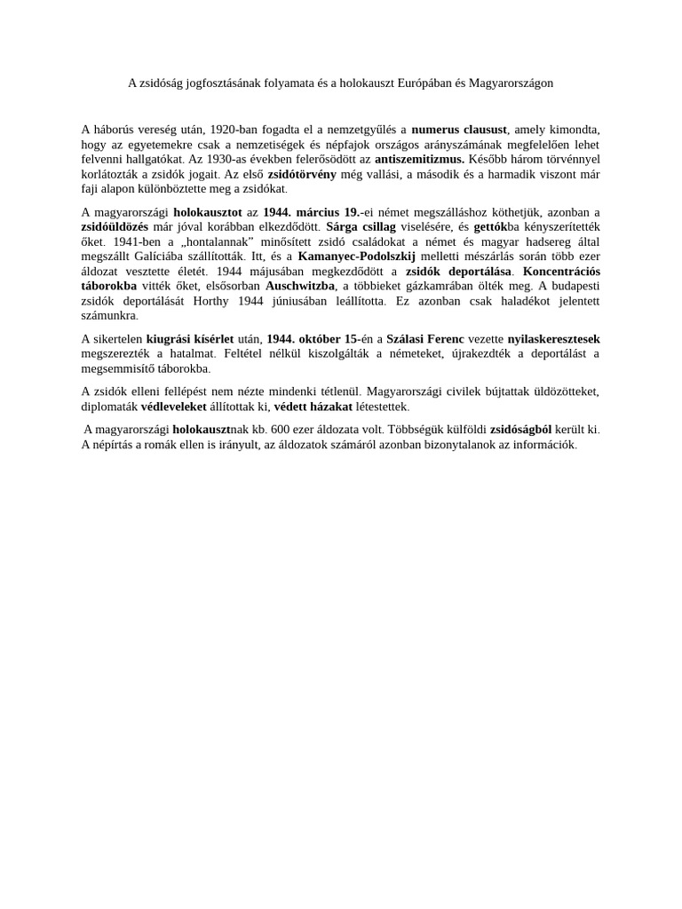 A Zsidóság Jogfosztásának Folyamata És A Holokauszt Európában És ...