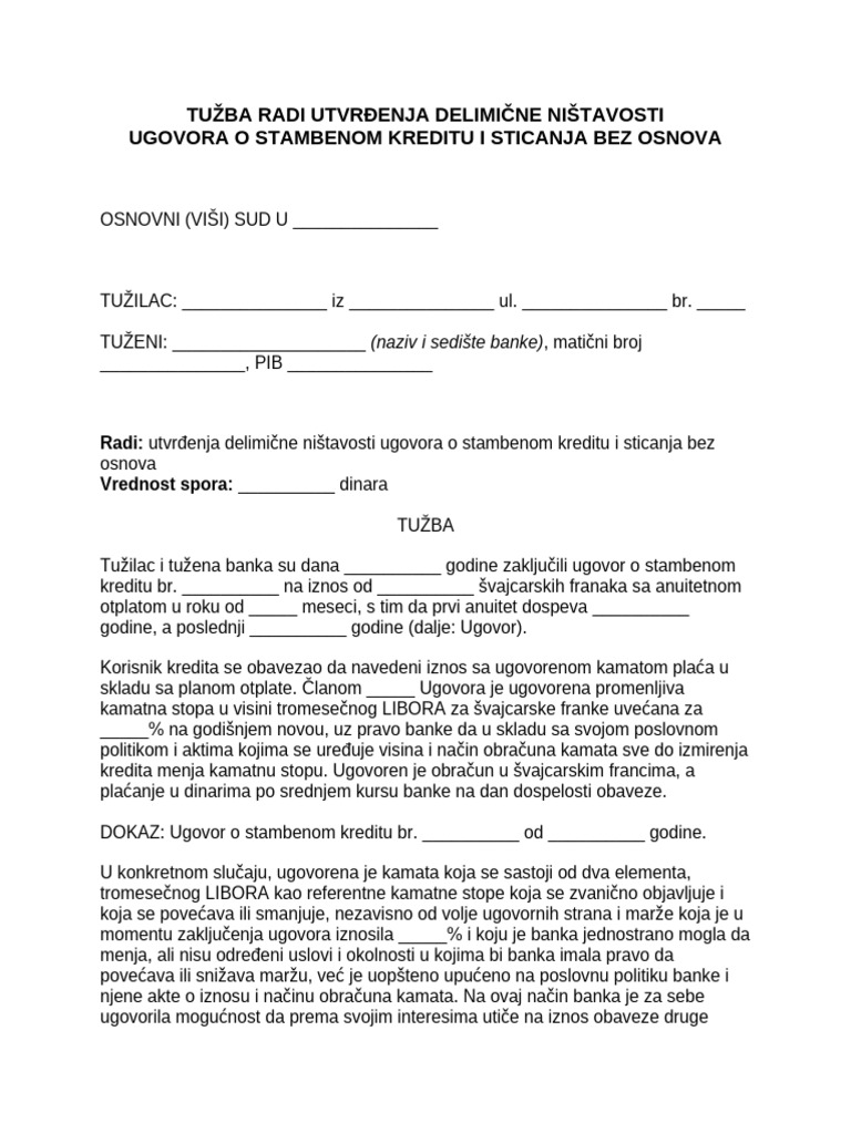Tuzba Radi Utvrdjenja Delimicne Nistavosti Ugovora o Stambenom Kreditu I Sticanja Bez Osnova 2 | PDF