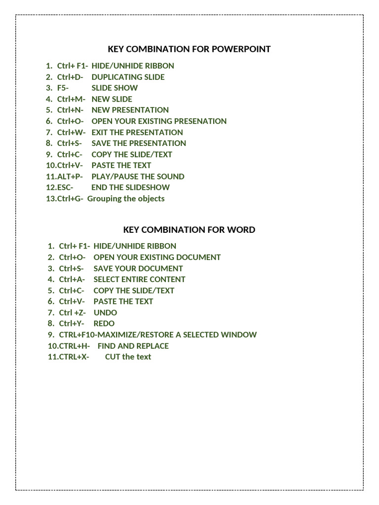 Grade9 Key Combination For PPT and Word | PDF