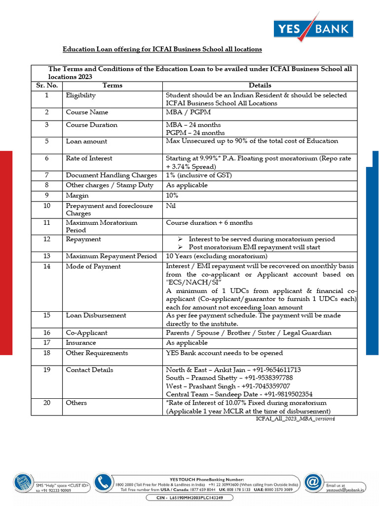 Yes Bank Education Loan Details | PDF