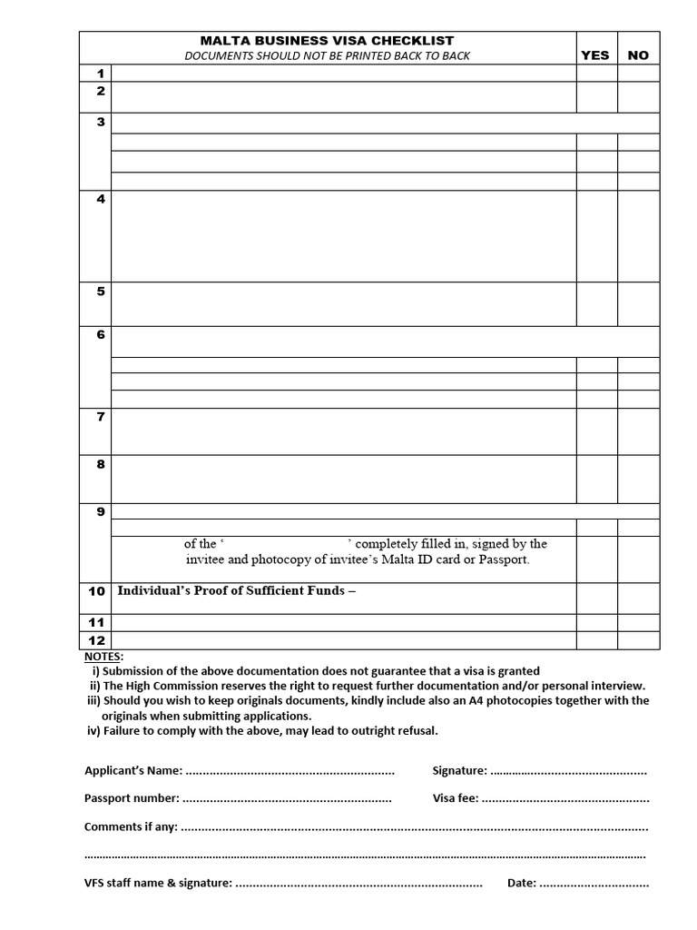 Malta Business Visa Checklist Recent | PDF