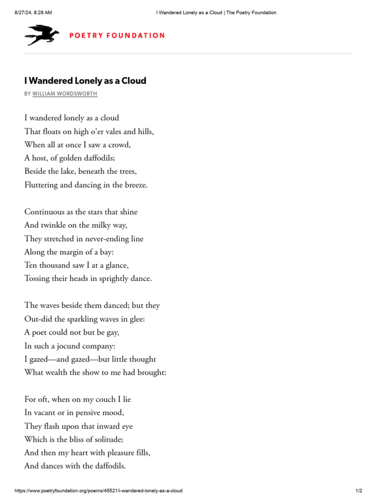 I Wandered Lonely As A Cloud - The Poetry Foundation | PDF