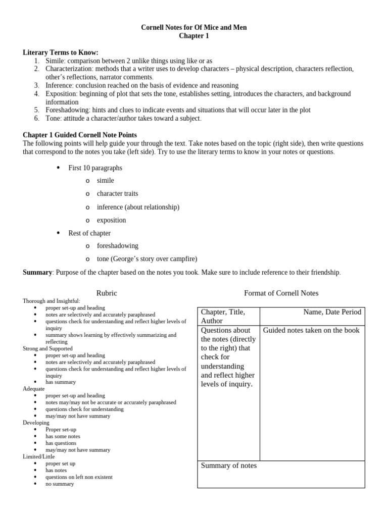 Cornell Notes For of Mice and Men | PDF