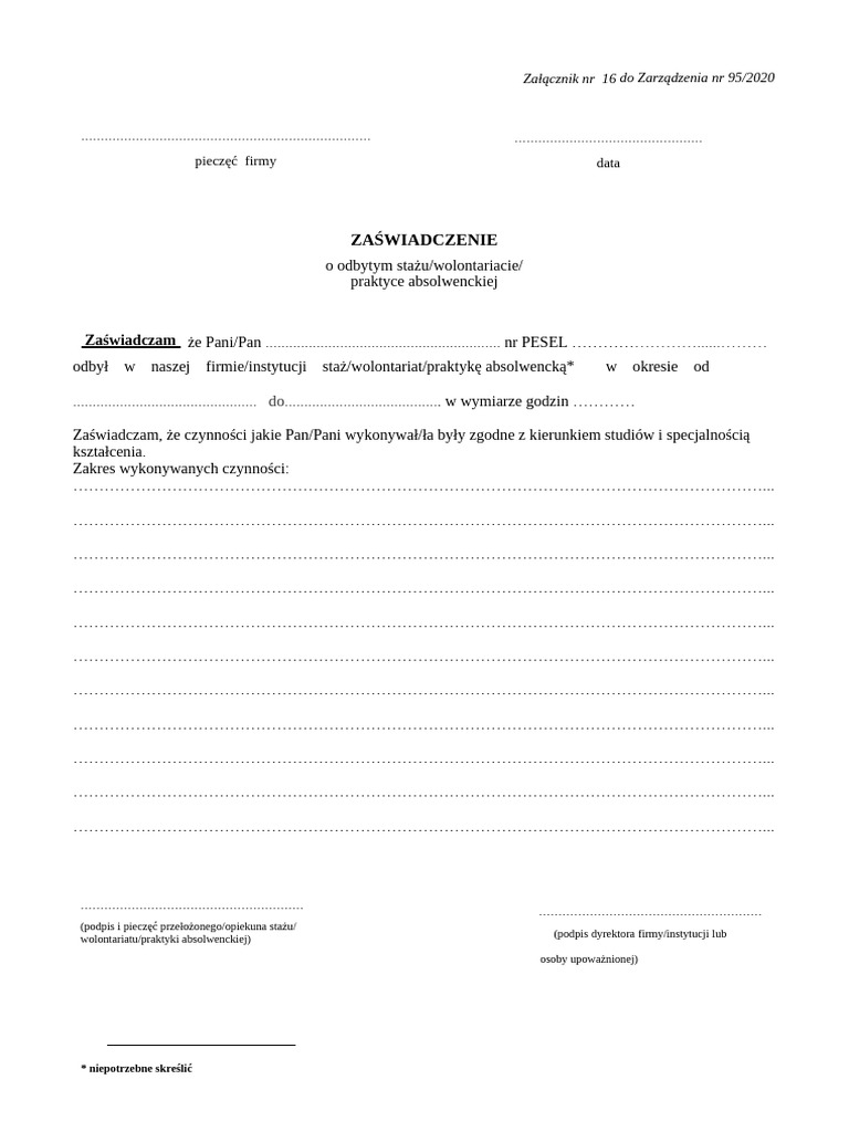 Za Wiadczenie o Odbyciu Praktyki Stažu Wolontariatu Pracy Zalacznik - NR - 16 | PDF