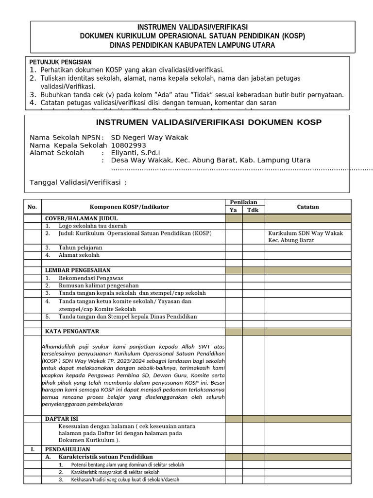 INSTRUMEN Validasi KOSP | PDF