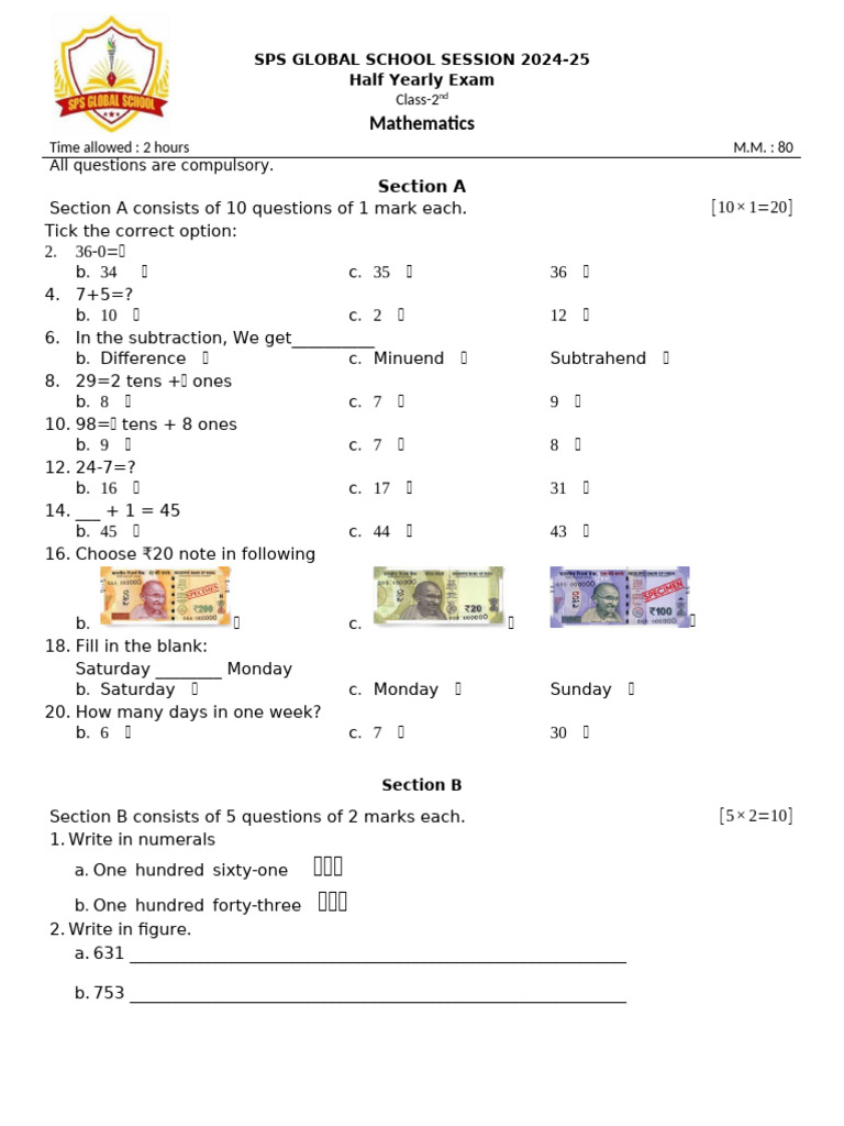 Class 2 Mathematics Sa1 | PDF