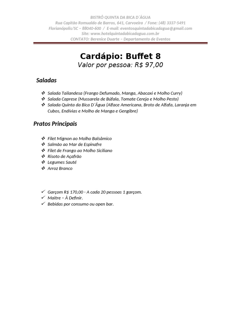 Buffet 8 - Cardápio R$ 97,00-1 | PDF