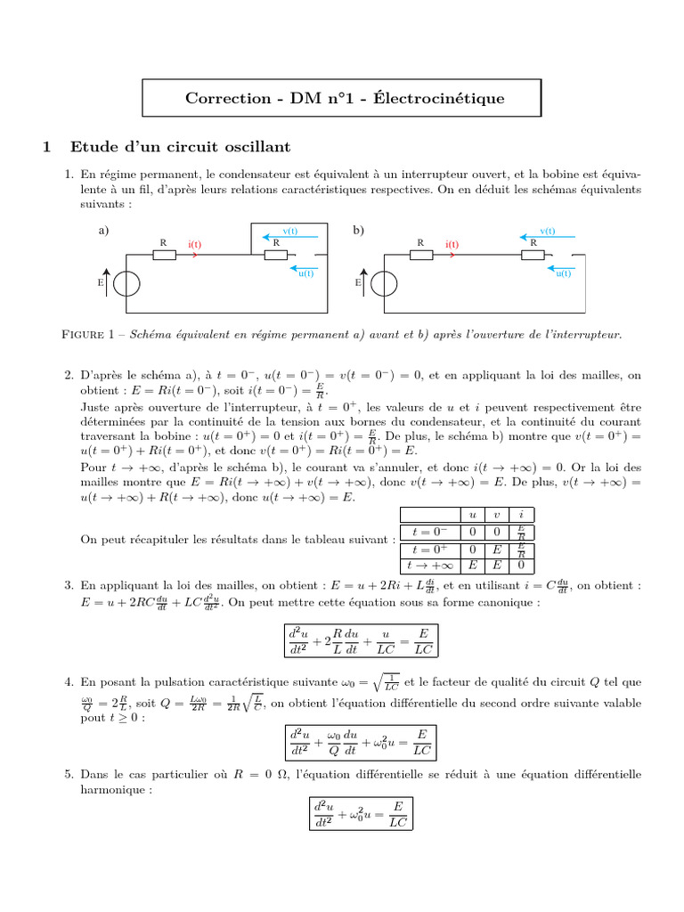 Correction - DM N°1 - Électrocinétique 1 Etude D'un Circuit Oscillant | PDF