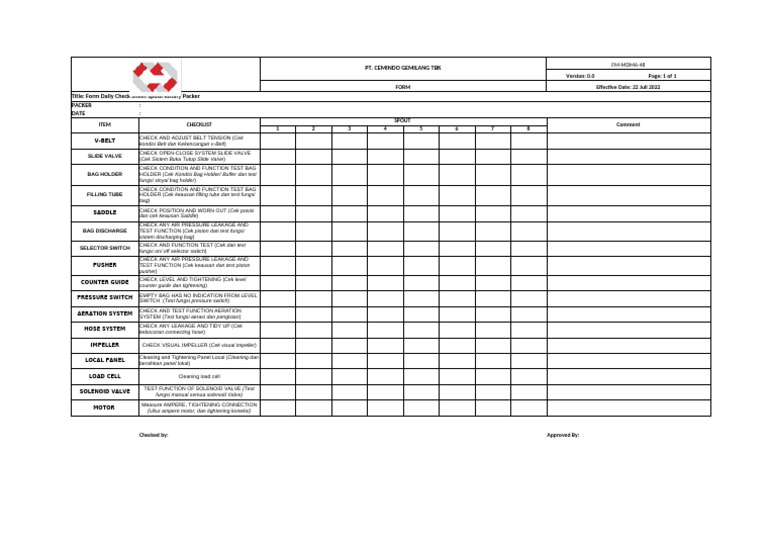 Form Daily Check Sheet Spout Rotary Packer | PDF